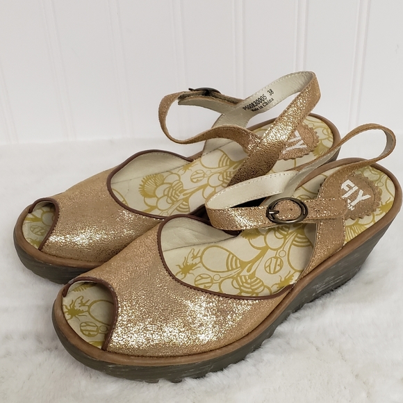 Fly London | Shoes | Fly London Yora Gold Crackle Leather Peep Toe ...